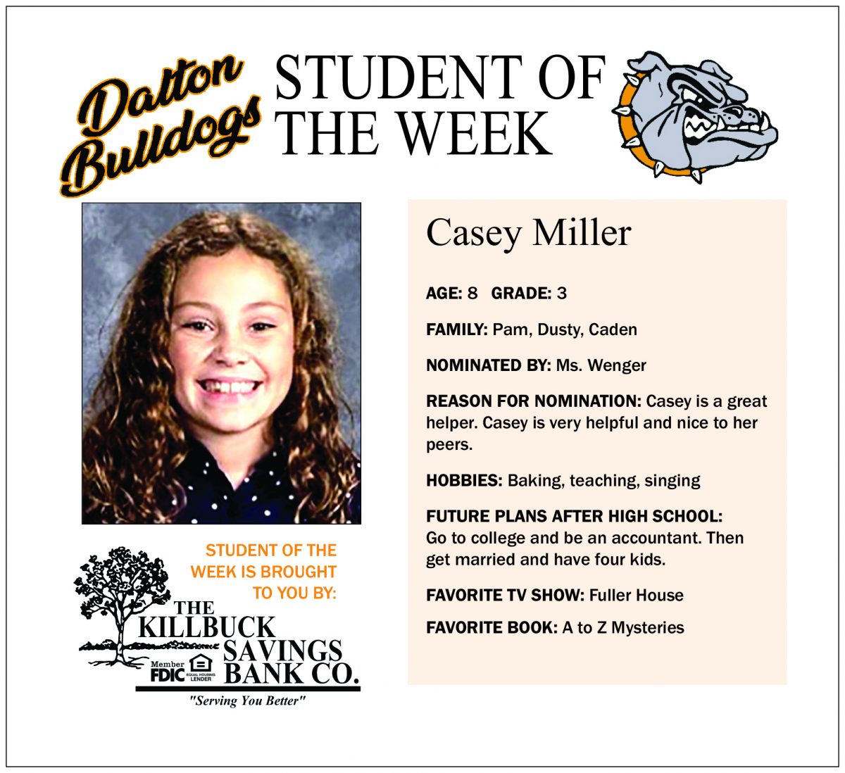 KILLBUCK SAVINGS BANK CO. STUDENT OF THE WEEK: Casey Miller – The ...